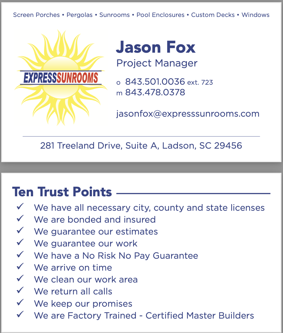 Our Jaxon Fox Card Collateral Page | Express Sunrooms